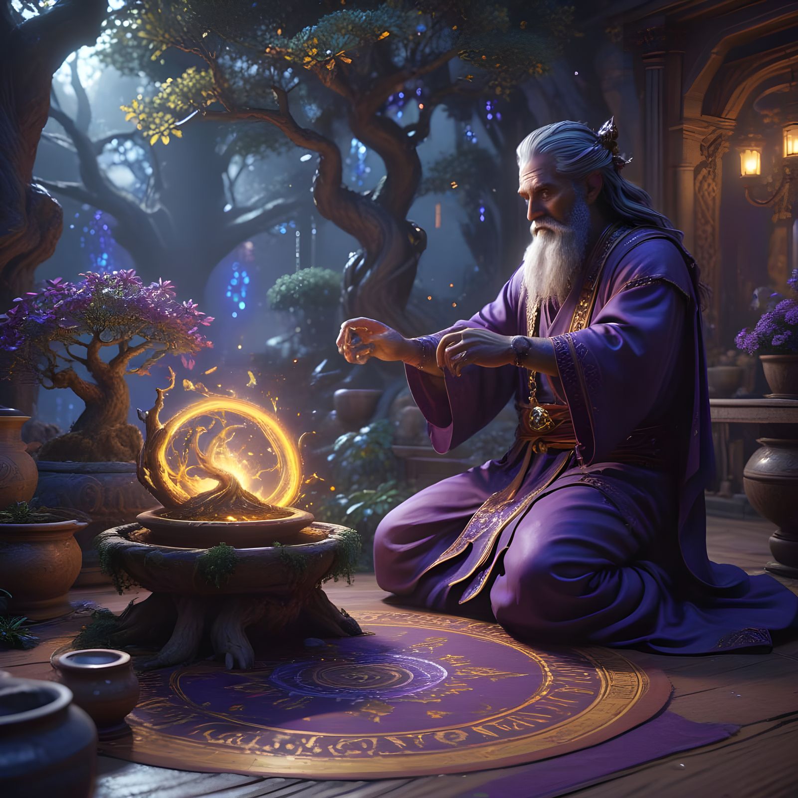 Wizard using a pottery wheel, pottery, tree roots growing, spell ...