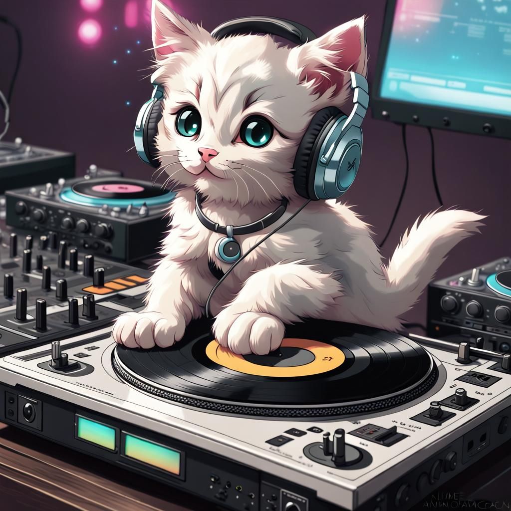 A cute kitten sitting on a DJ record with headphones - AI Generated ...