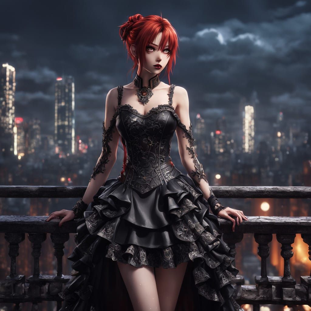 Gothic Anime Goddess Stands Defiant in Stormy City... - AI Art