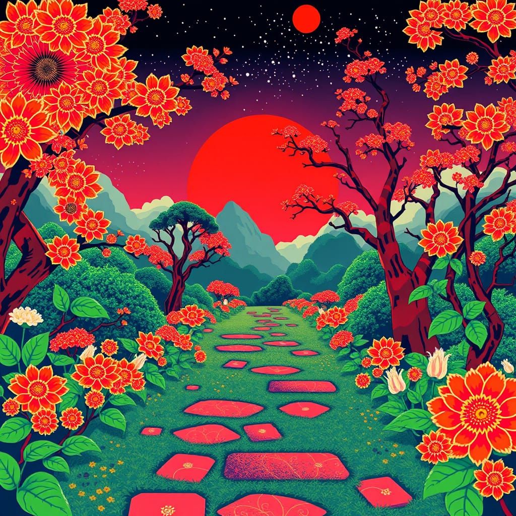 Hanafuda-inspired, vibrant pixel art scene, set in a retro 16-bit ...