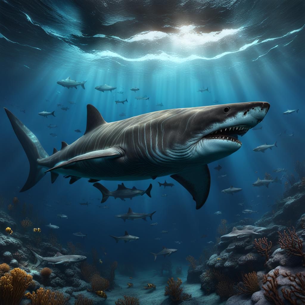 Basking shark, natural blue ocean, underwater scenes, Detailed ...