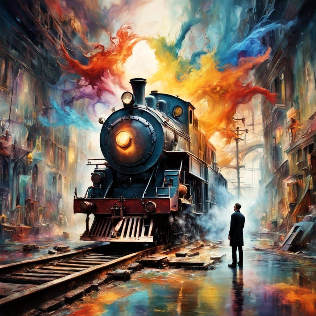 A locomotive bursts through a rainbow bringing colour to a dull town