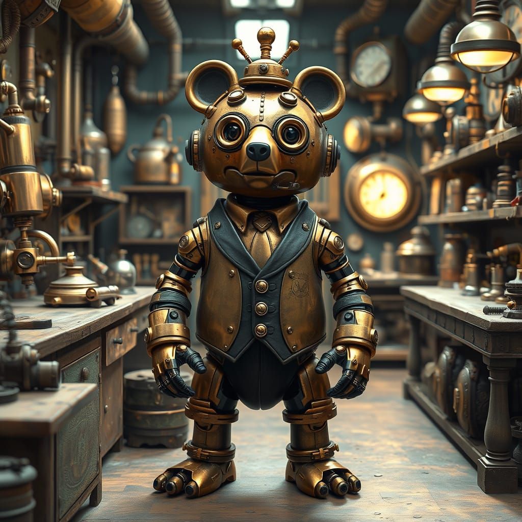 Steampunk Robot Bear Butler in Claymation Style - AI Art