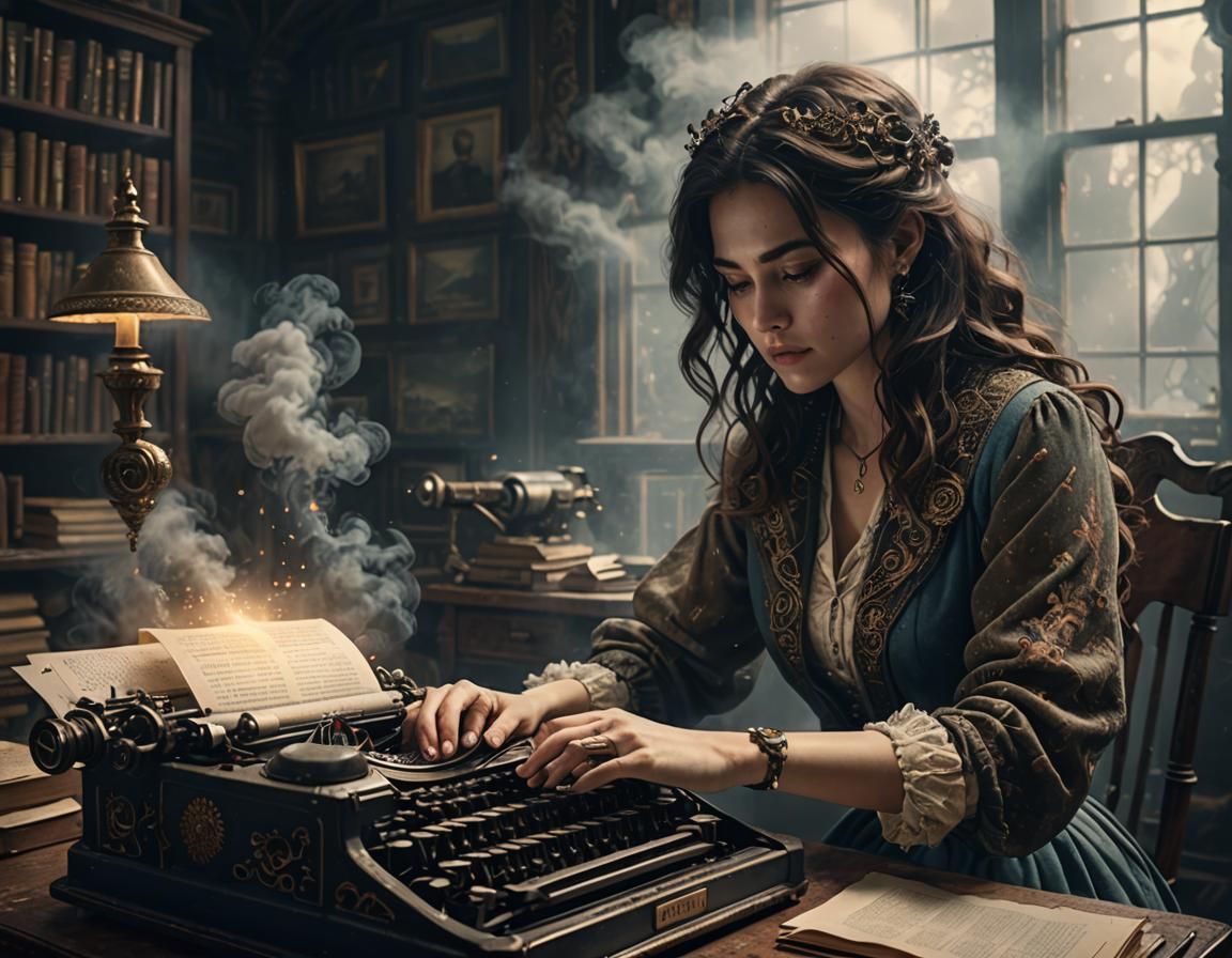 A brunette women typing a new novel in a old typewriter 2 - AI ...