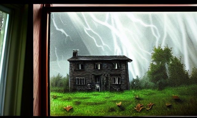 Draw a photorealistic, backlit, decrepit house in a forest with a ...