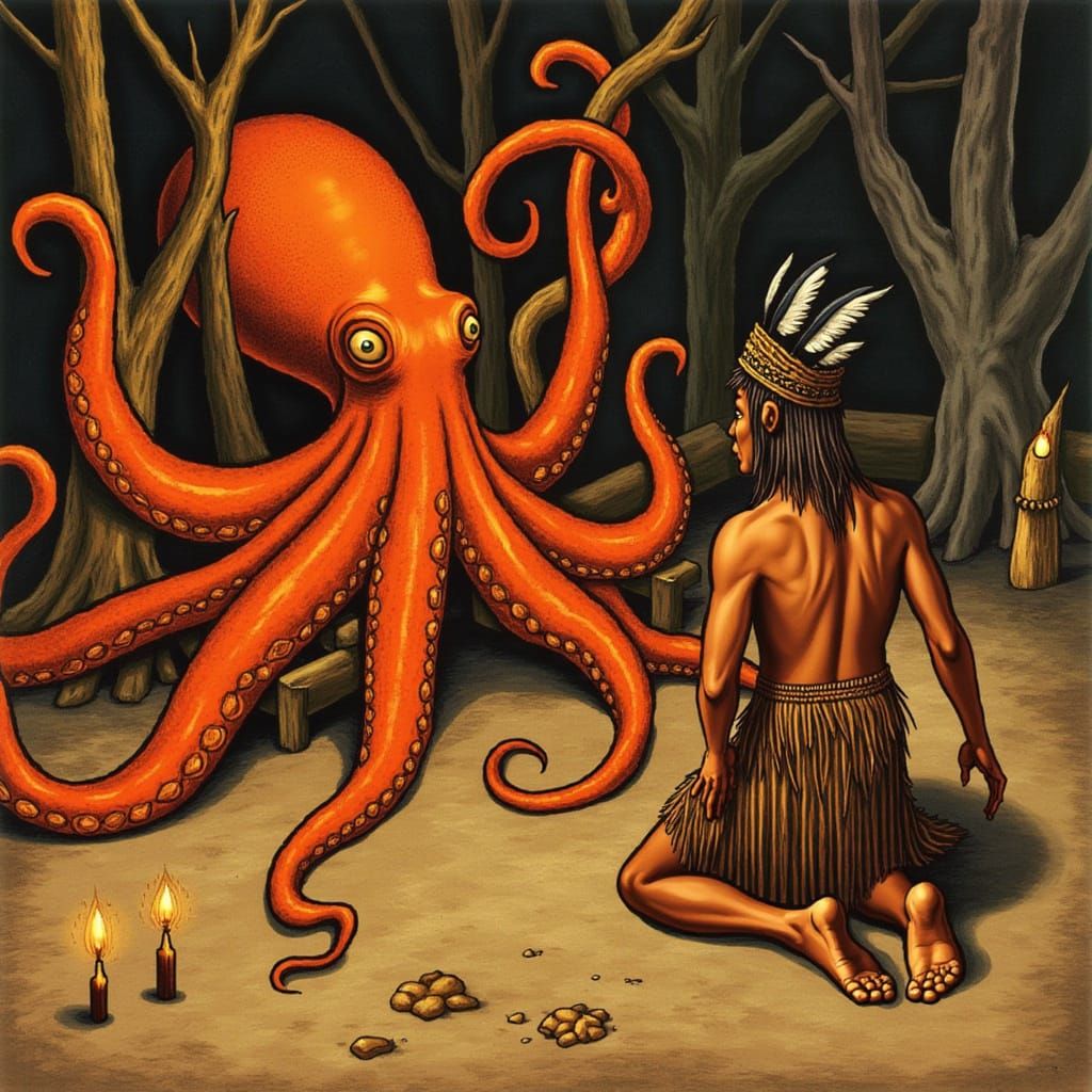 Primitive Woodblock Octopus Idol Worship Scene in ... - AI Art
