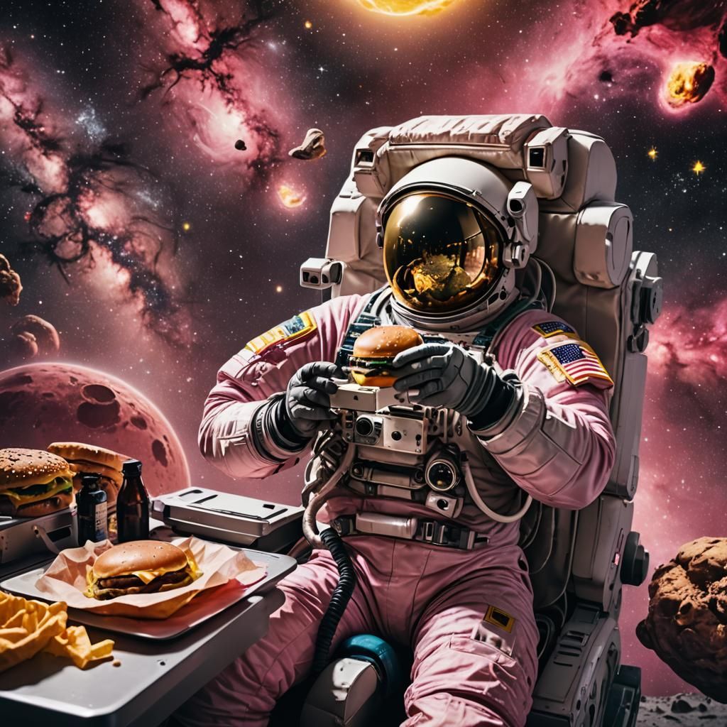astronaut in space eating burger, yellow supernova, pink galaxies ...