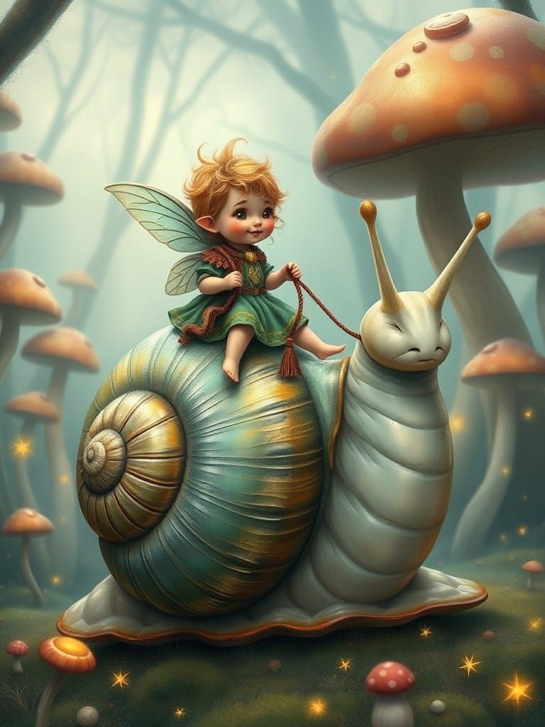 a cute baby pixie holding reins he is riding on the shell of his ...