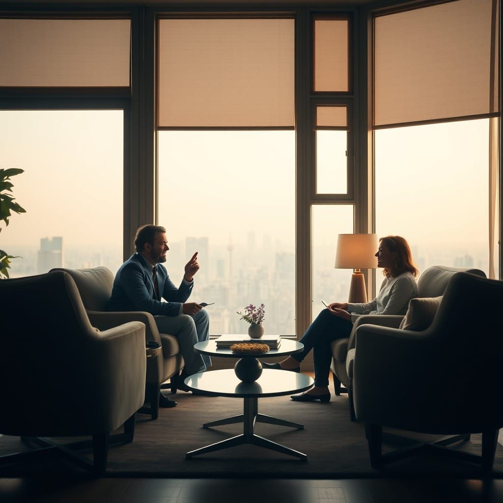 chat - Cozy Conversation Scene in Cinematic Still Life Style