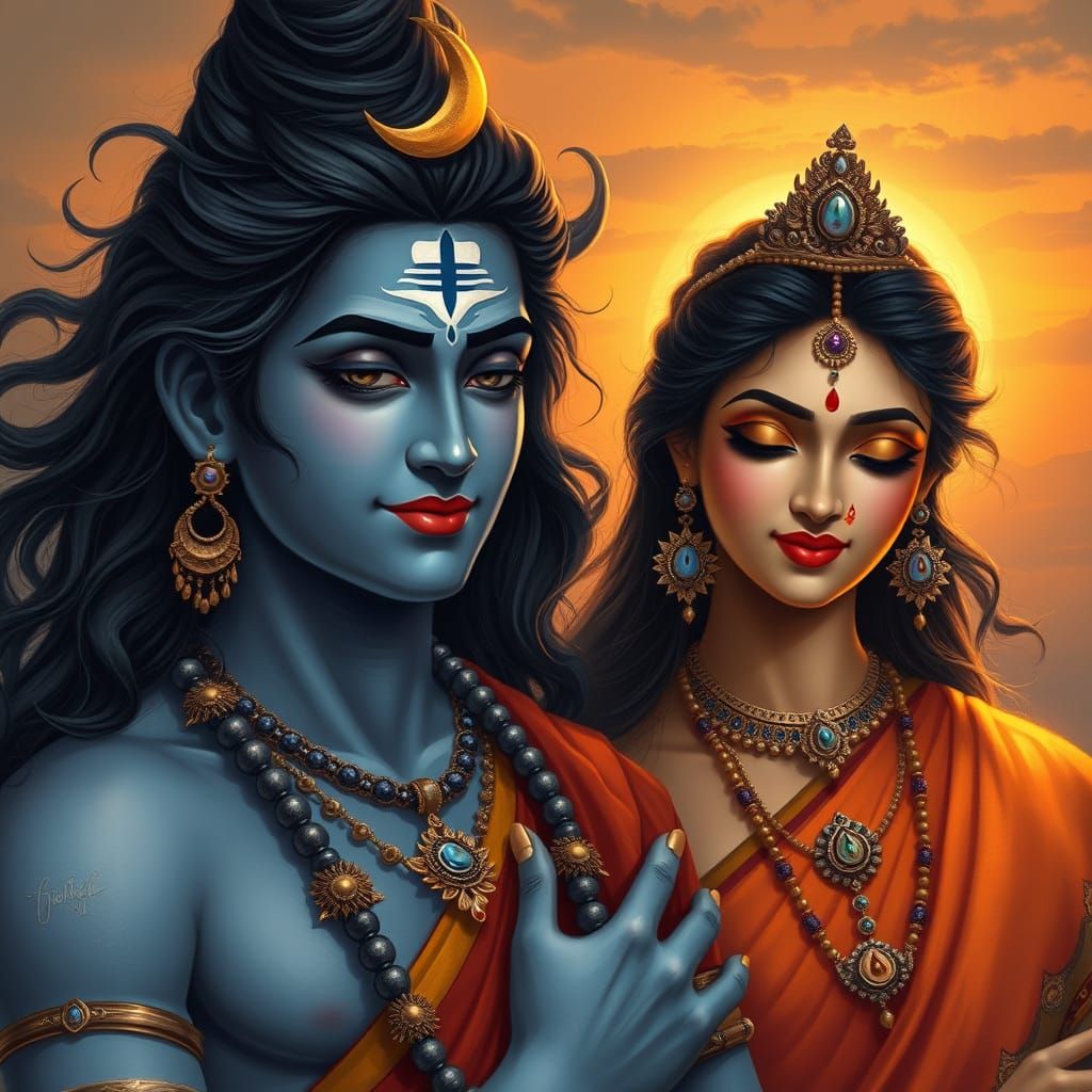 Shiva and Parvati in Divine Embrace: Digital Paint... - AI Art