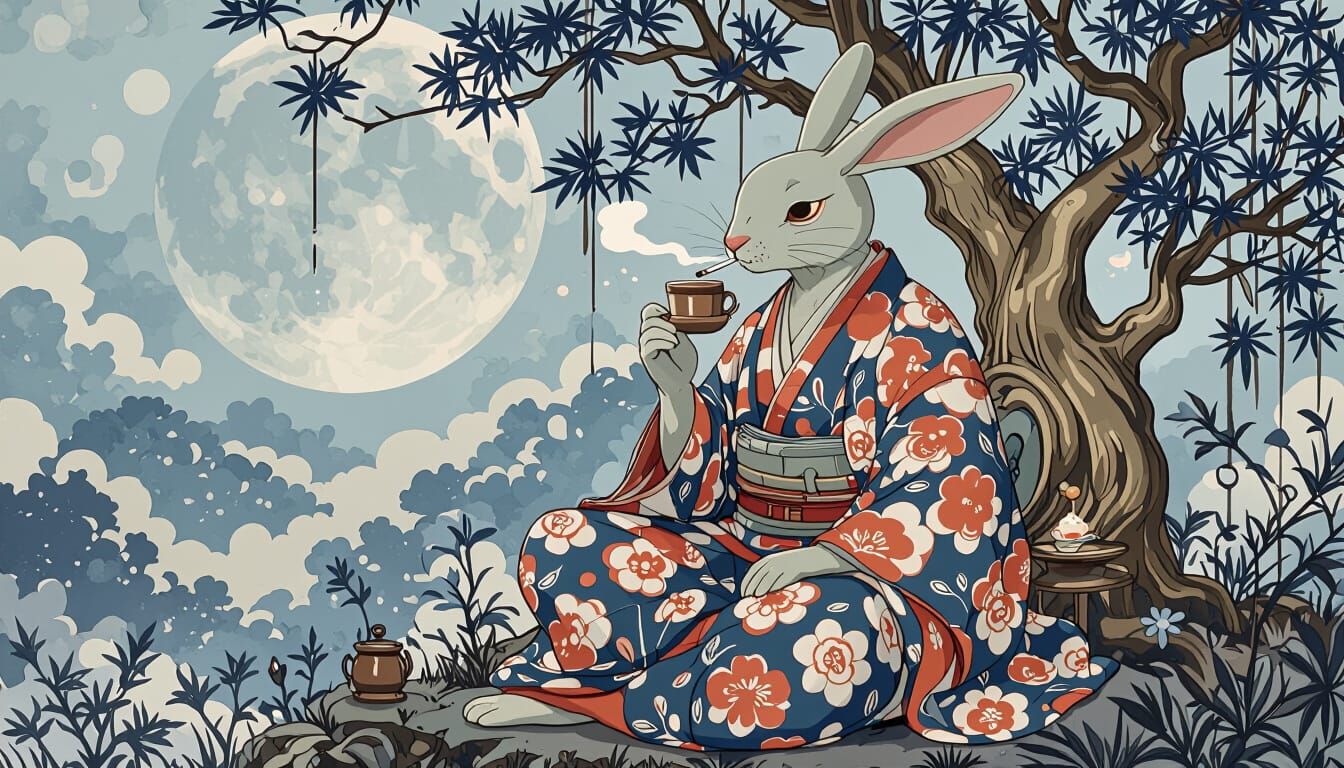 Meditative Jade Rabbit in Ghibli-Inspired Blue Hue... - AI Art