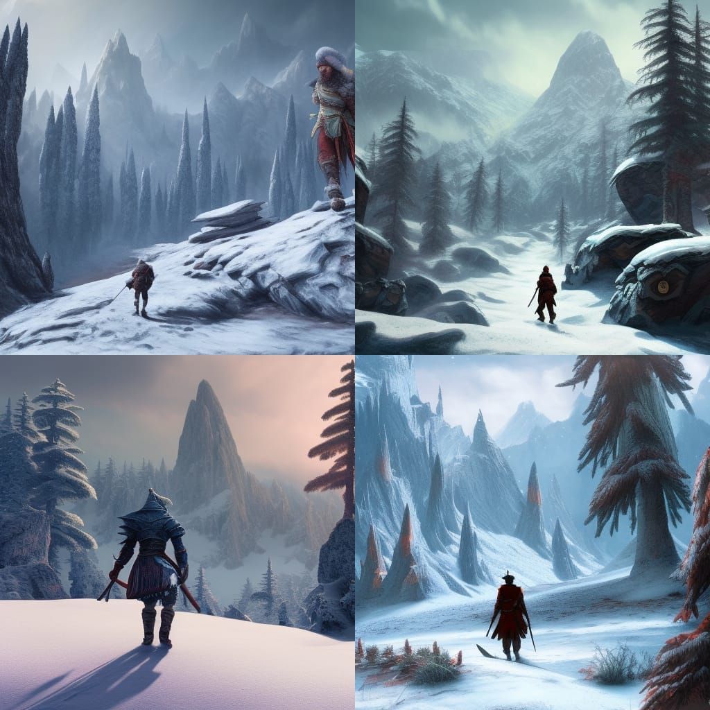 A lonely warrior strides into the mountains next with snow covered ...