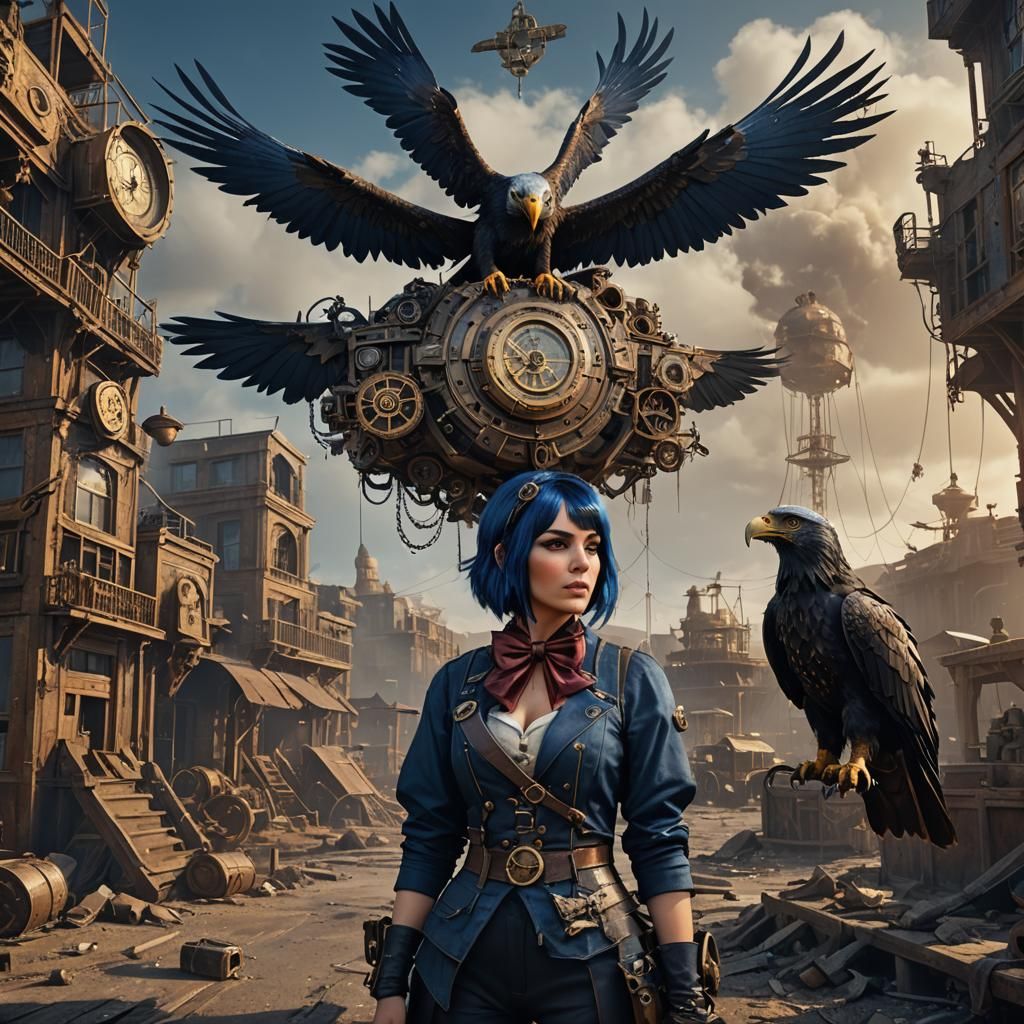A young woman with dark blue bob hair with a steampunk bow and big ...