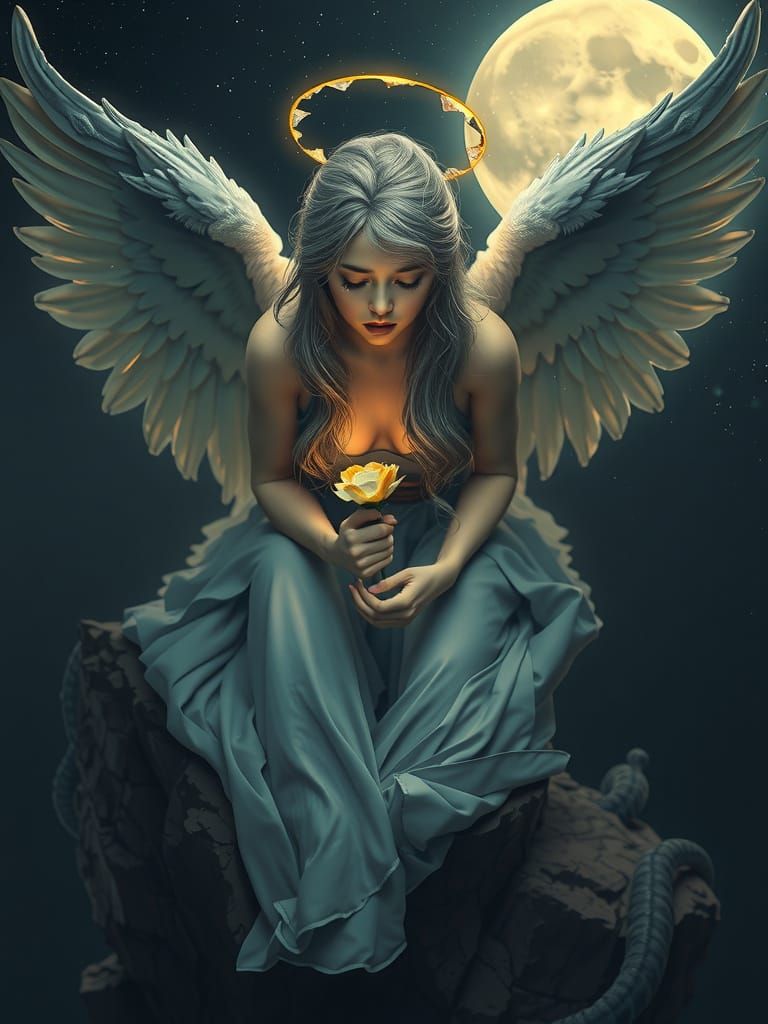 top-down view, looking up. A sorrowful female angel sitting on the edge ...