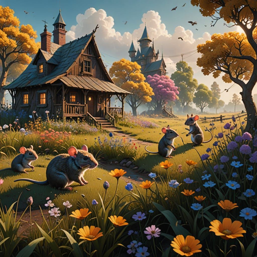 Field of Mice - Whimsical Field of Mice in Enchanted Landsca...