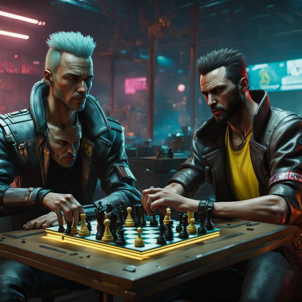 Cyberpunk 2 males playing chess - AI Generated Artwork - NightCafe Creator