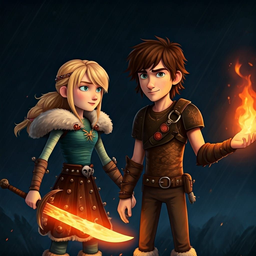 Hiccup and Astrid with Fire Weapons - AI Art