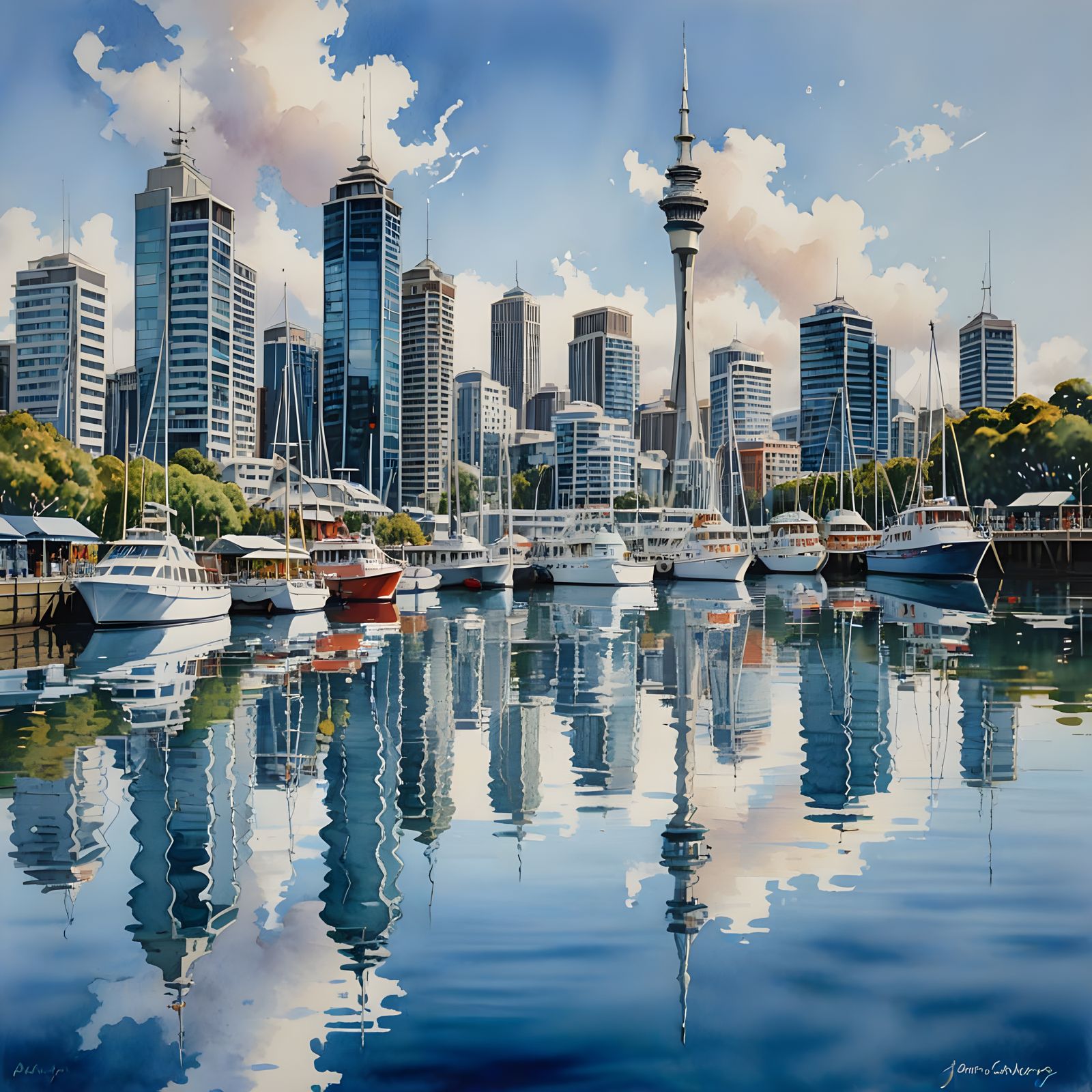 A vibrant watercolor painting of the Auckland waterfront in New Zealand ...