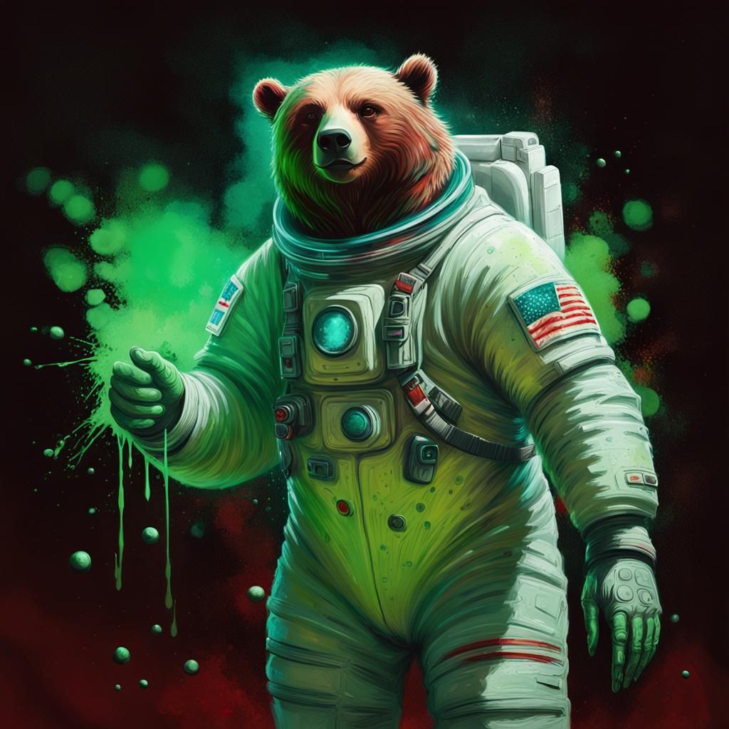 Astronaut obese Bear alien with intense glowing bioluminescent green ...