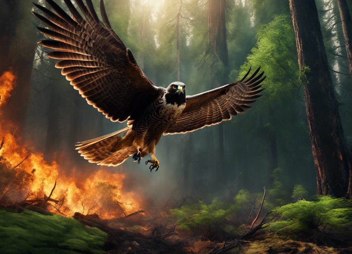 Falcon flying through burned out forest with green shoots coming up ...