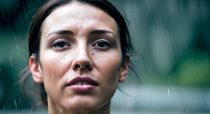 Rain falling on female face. Professional photography, dynamic lighting ...