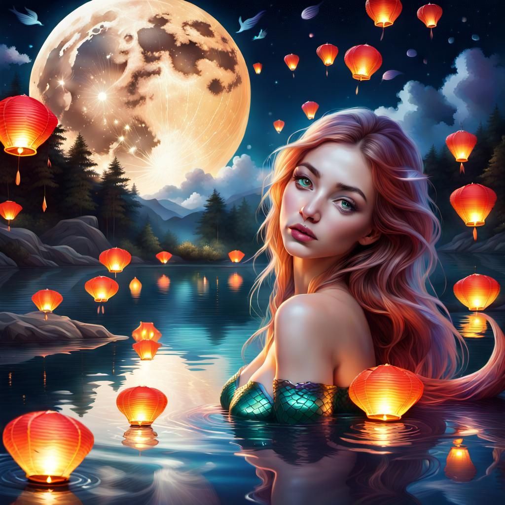Beautiful mermaid surrounded by sky-lanterns #2 - AI Generated Artwork ...