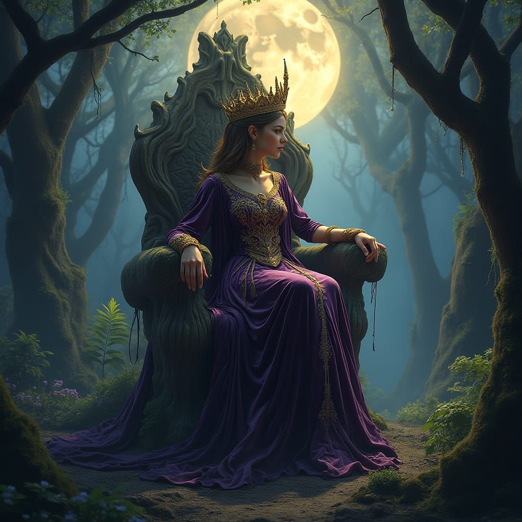 Ethereal Elven Queen on a Glowing Toadstool Throne... - AI Art
