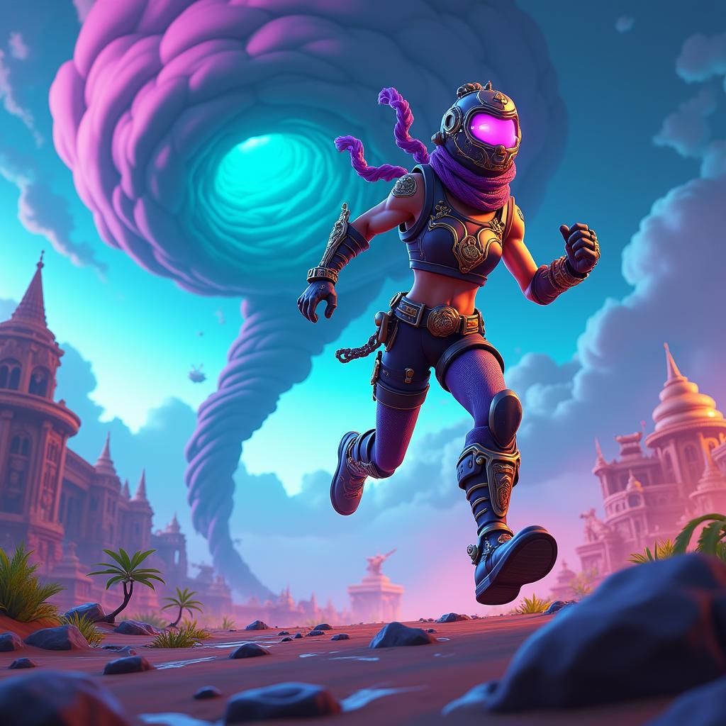 Fortnite character running from tornado with bright colours - AI ...