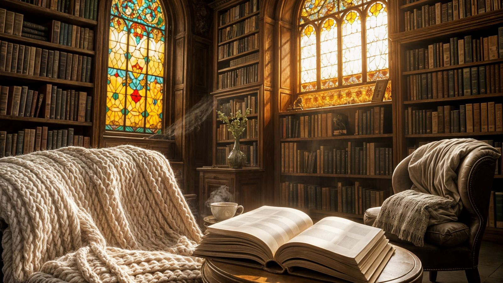 Golden Afternoon in a Timeless Library Sanctuary - AI Art