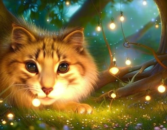 Faerie Cat - Adorable Round Animal in Enchanted Forest, Hyp...