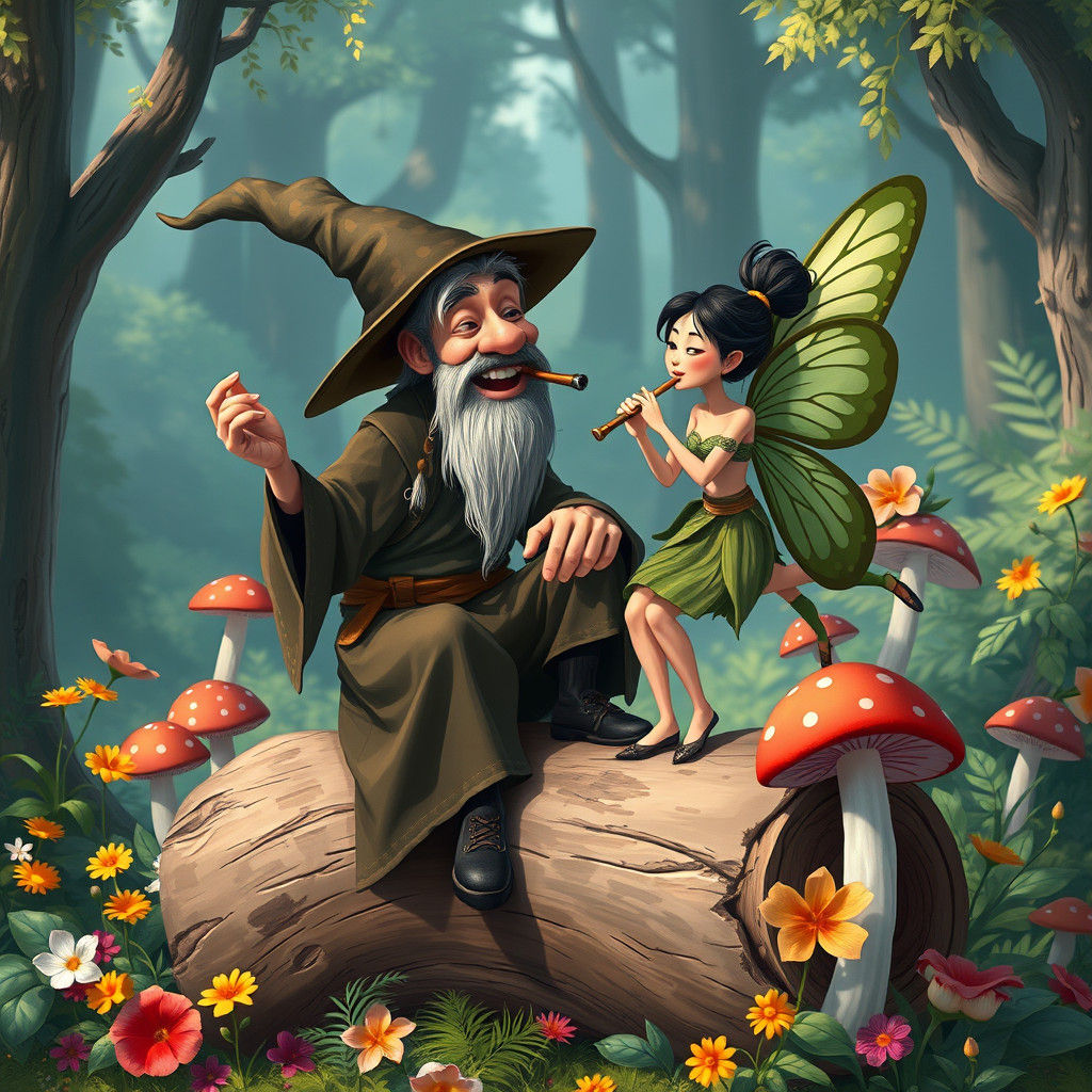 Playing a Jig for a Friend - Whimsical Fantasy Scene with Wi...
