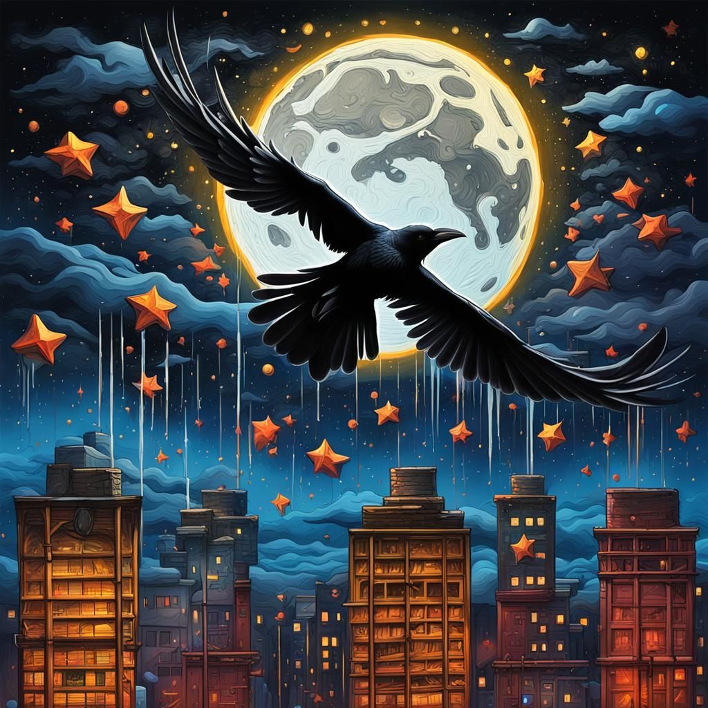 a crow flying past a full moon - AI Generated Artwork - NightCafe Creator