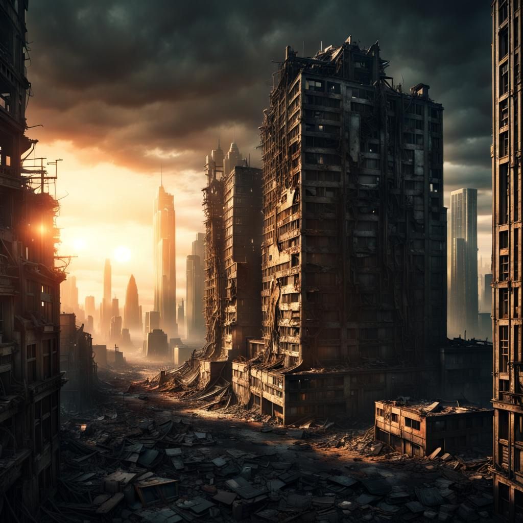 Post-apocalyptic cityscape, low sun, somber atmosphere, a single light ...