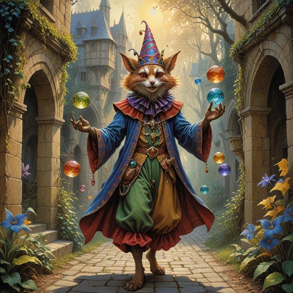 Vibrant Medieval Jester in Whimsical Forest Scene - AI Art