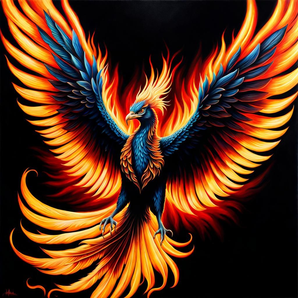 Hyperdetailed, oil painting of a Phoenix, majestic graceful bird made ...