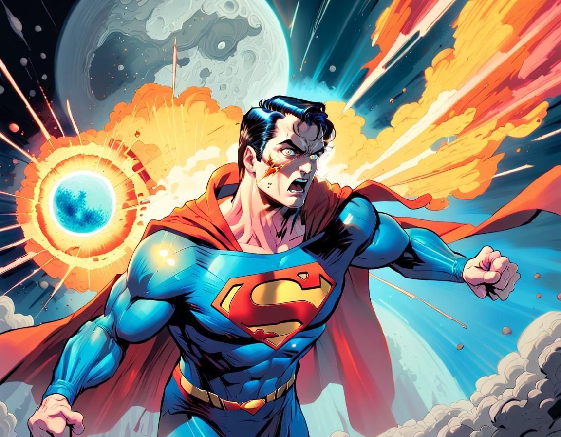 Superman using heat vision, extreme rage, high energy, blowing up a ...