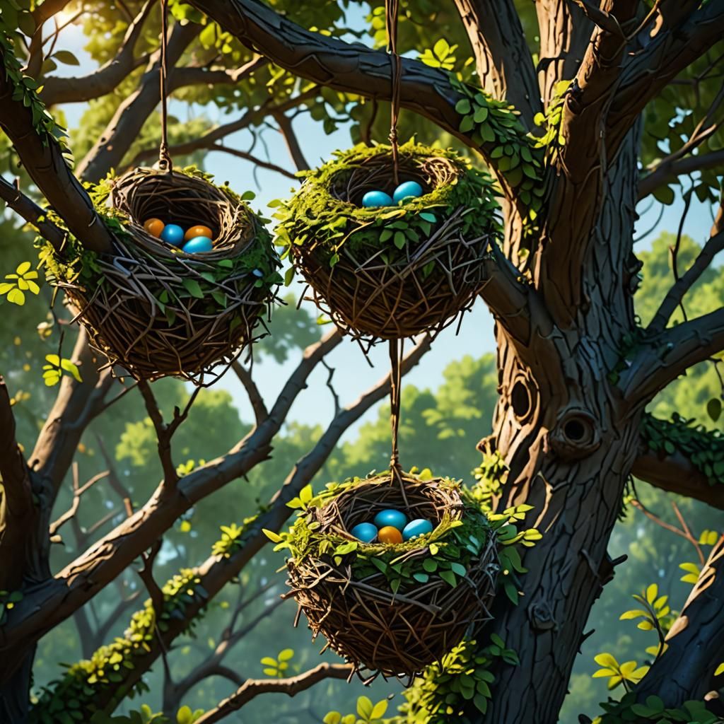 Cozy birds nests on the tress. - AI Generated Artwork - NightCafe Creator