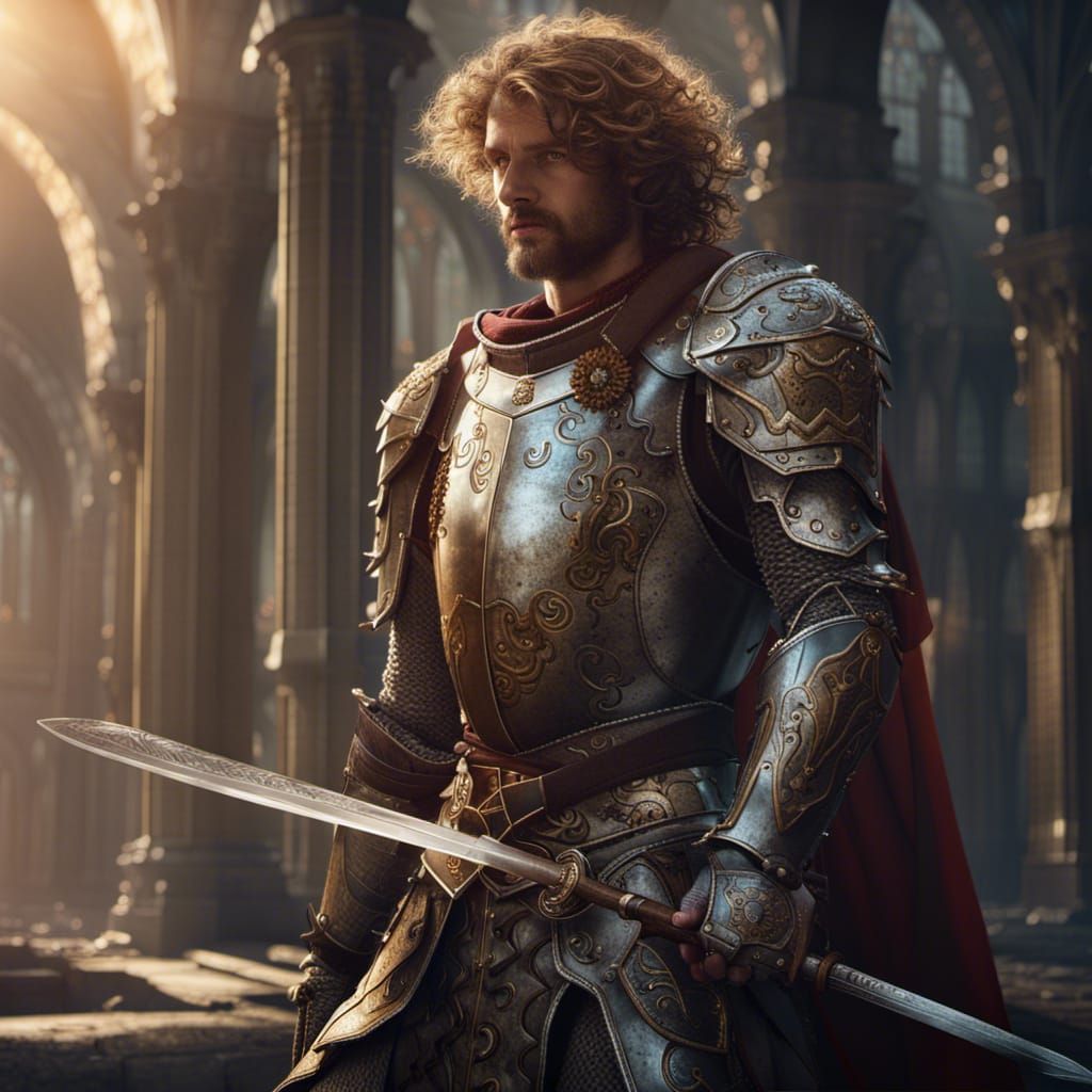 A classical knight in shining armor. He has curly hair. He is holding a ...