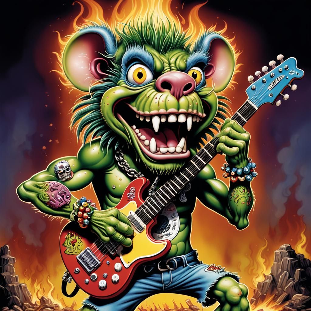 The record album cover illustration of Rat Fink as a rock band monster ...