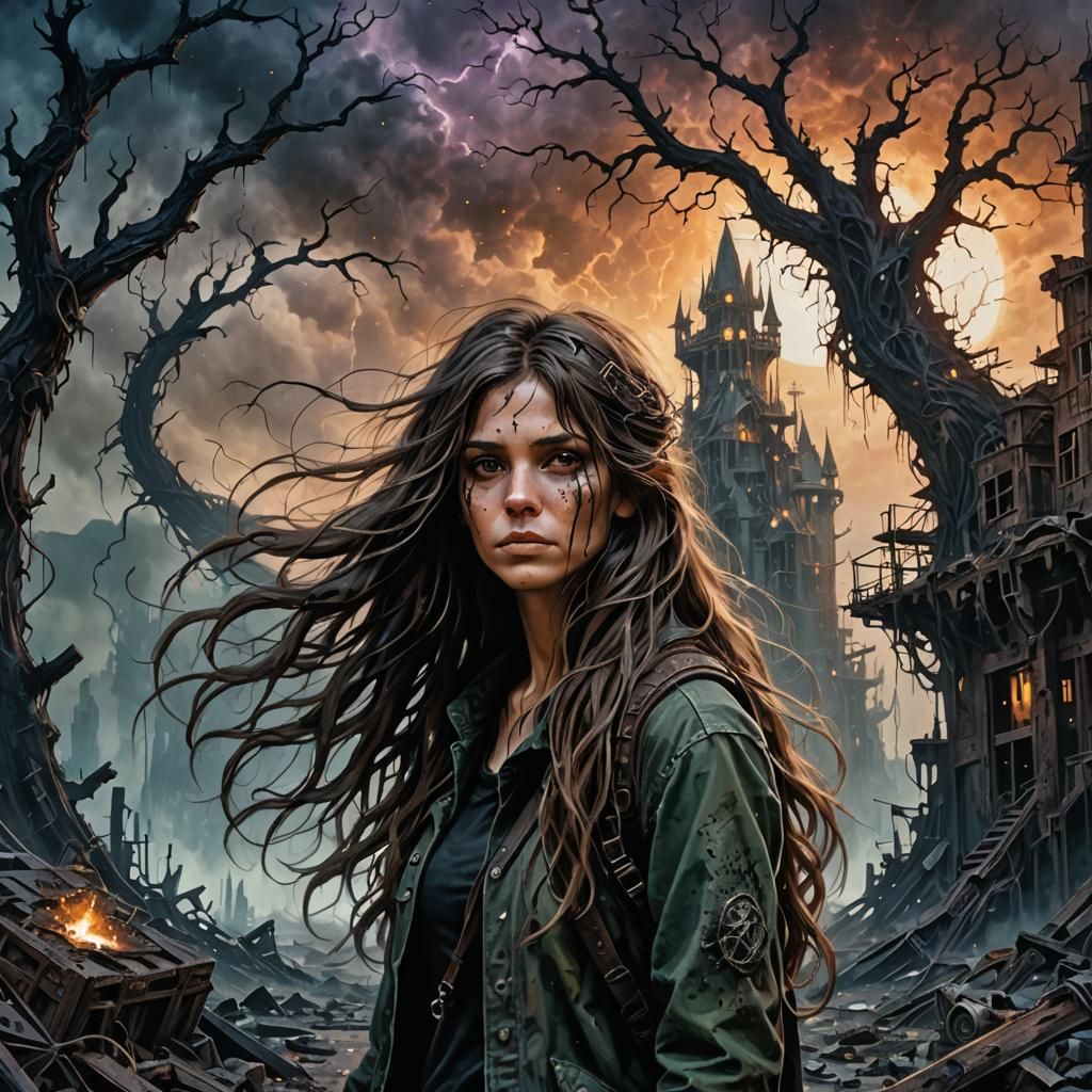 A beautiful photo of enchanting beautiful mysterious Sorcery girl with long messy hair wandering ...