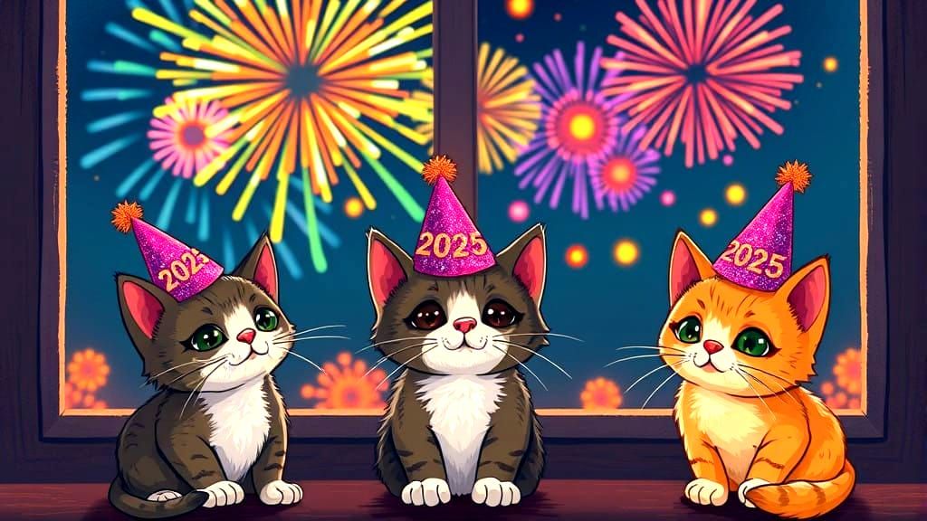 Happy Birthday New Year 2025 - Cats Celebrate 2025 New Year ...