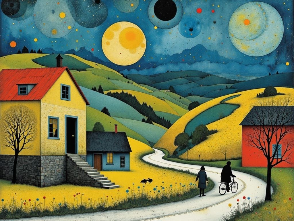 Whimsical Bicycle Ride Under Starry Night Sky in V... - AI Art