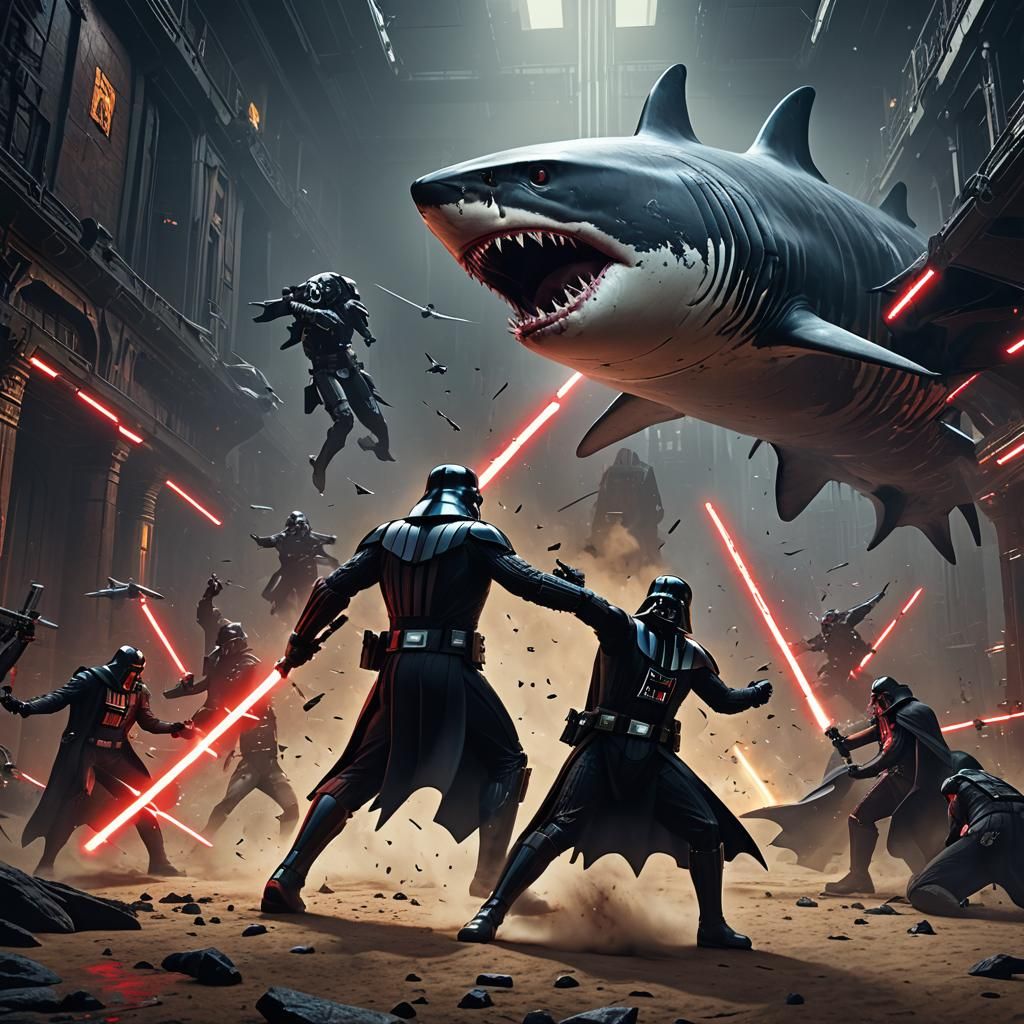Giant shark meets Darth Vader in light saber battle - AI Generated Artwork - NightCafe Creator