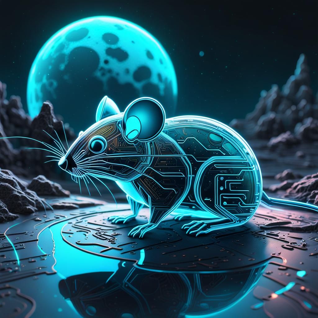 Hologram of neon mouse on translucent moon surface in a dark background ...