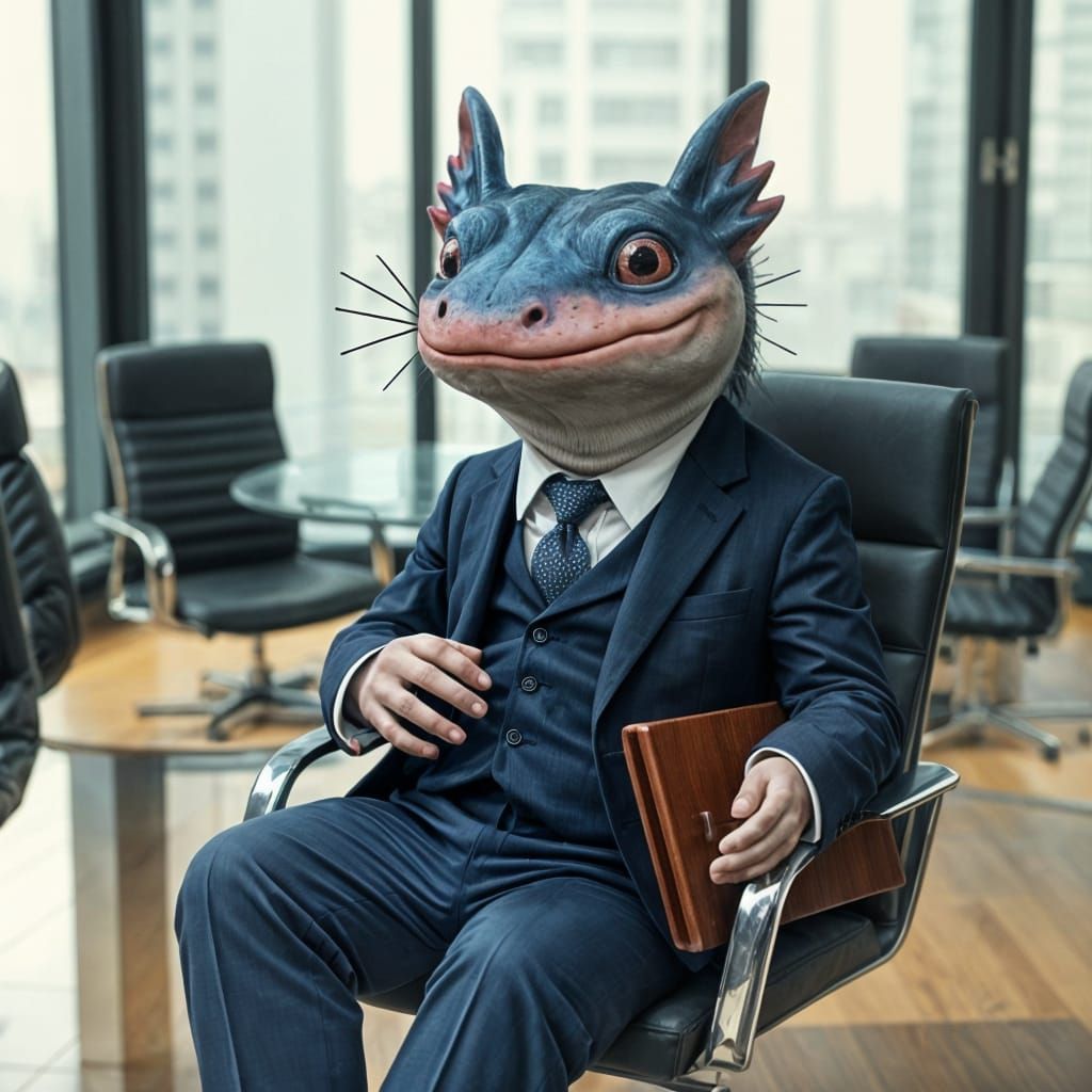 An axolotl in a suit at a job interview. (You know he's going to ask-a ...