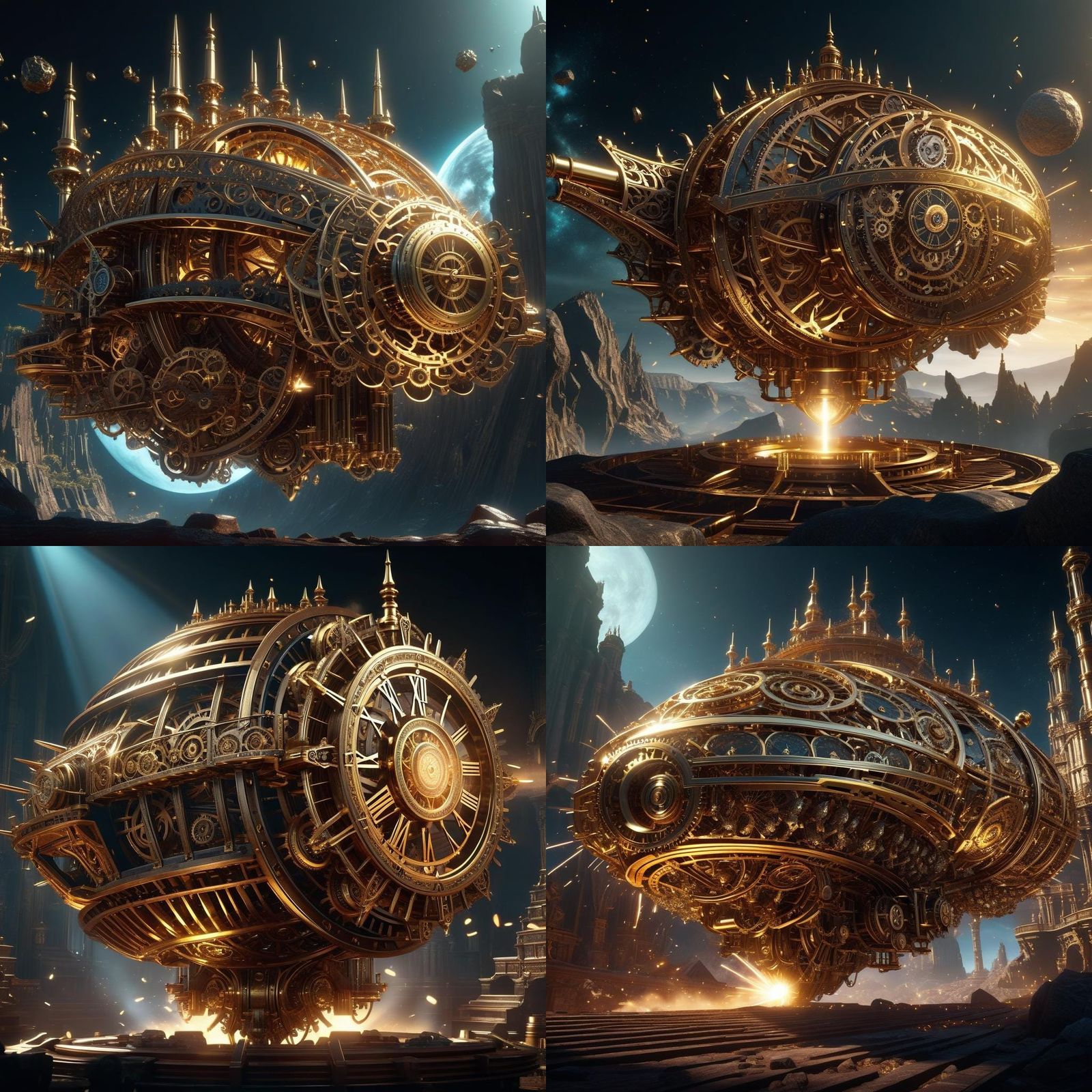 intricate clockwork spaceship mining an asteroid using lasers ...