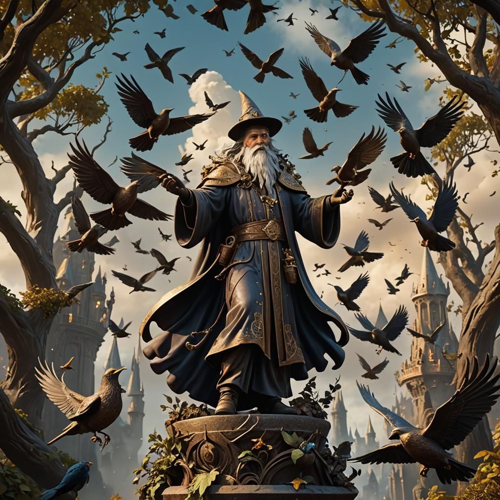 bronze statue of wizard with 7 birds flying around - AI Generated ...