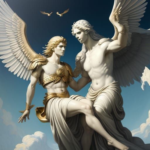 Icarus and Daedalus Soaring in Golden Light - AI Art