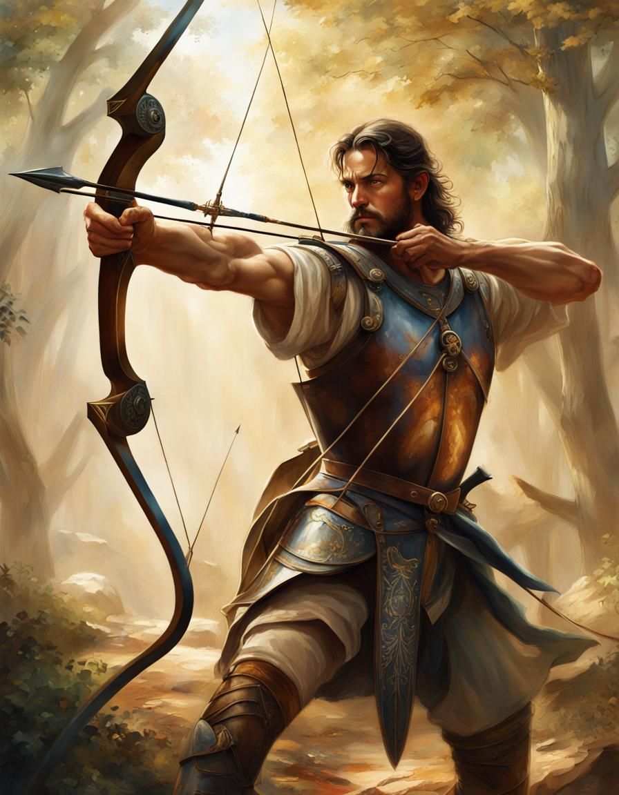high quality, 8K Ultra HD, In this ethereal illustration captures a male warrior, archer in full ...