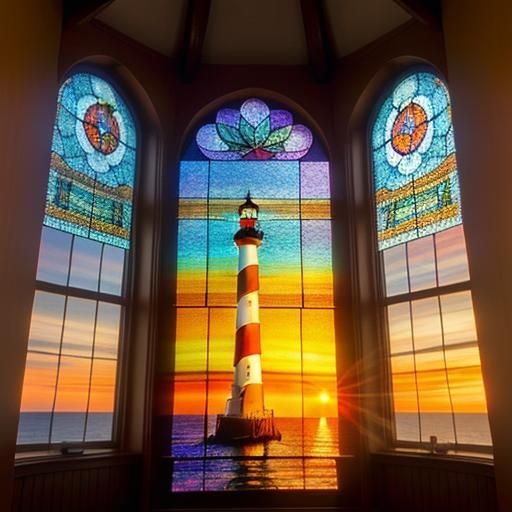 a breathtaking stained glass masterpiece featuring a lighthouse ...